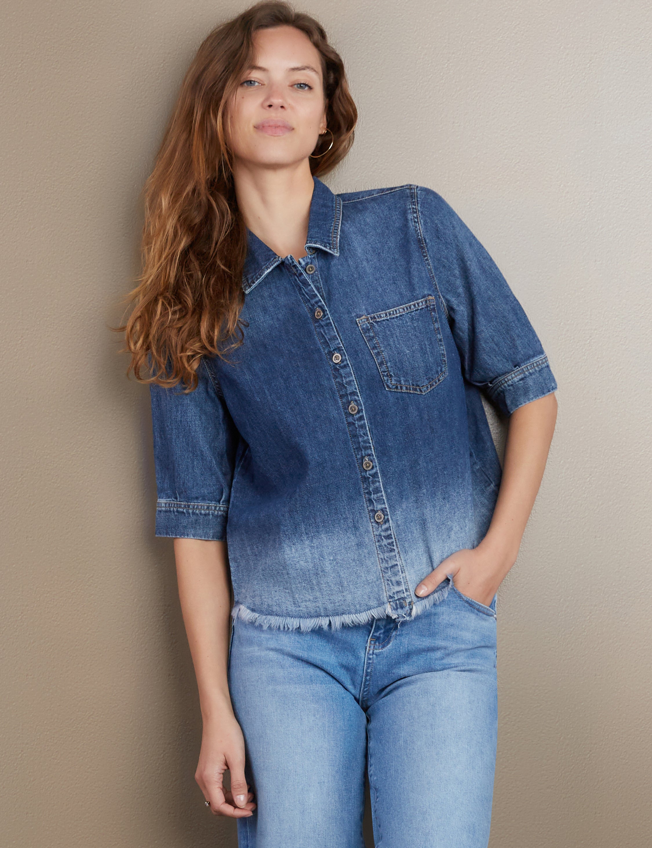 Women’s Everyday Denim Shirt with Frayed Details – Wash Lab – washlabshop